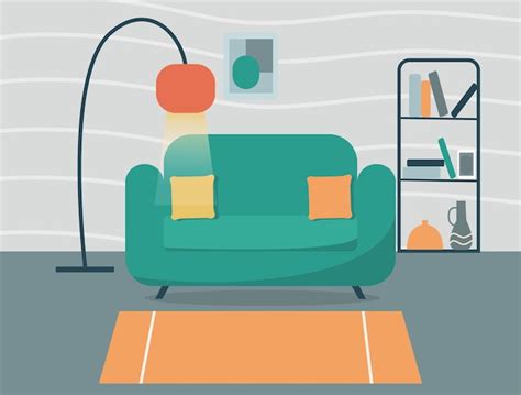 거실 인테리어 배경에 가구와 아늑한 아파트 2d 만화 인테리어 홈 퍼니싱 프리미엄 벡터