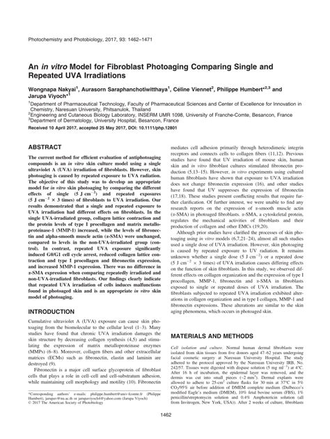 Pdf An In Vitro Model For Fibroblast Photoaging Comparing Single And