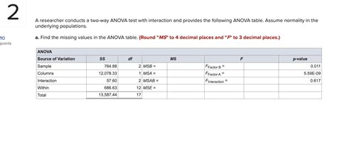 Solved A Researcher Conducts A Two Way Anova Test With