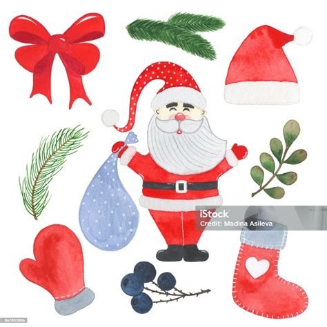 손으로 그린 수채화 크리스마스 산타 클로스 양말 벙어리 장갑 모자 나비 나무 잎 가지와 열매 겨울에 대한 스톡 벡터 아트 및 기타 이미지 Istock