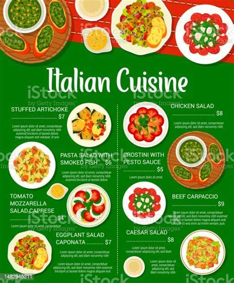 Italian Cuisine Restaurant Meals Menu Page Design向量圖形及更多caponata圖片