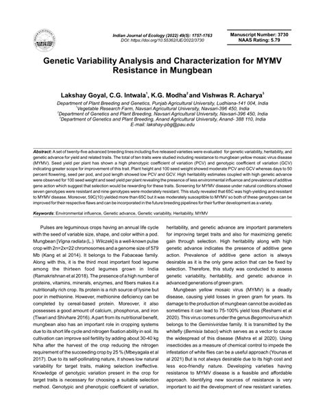 Pdf Genetic Variability Analysis And Characterization For Mymv