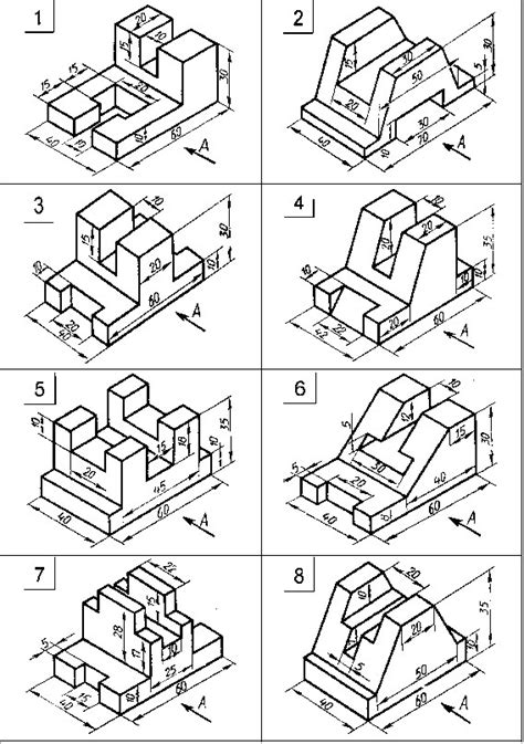 Построить три вида детали Спереди сверху сбоку по данному наглядному изображению в Школьные