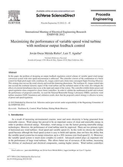 Pdf Maximizing The Performance Of Variable Speed Wind Turbine With Nonlinear Output Feedback