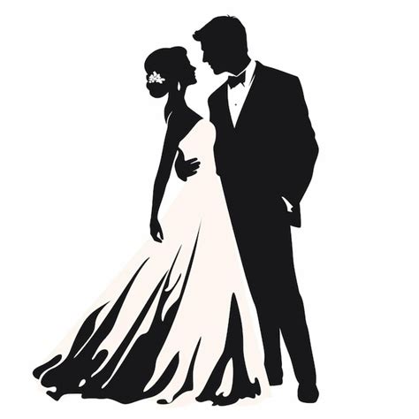 Silhouettes de la mariée et du marié en robe de mariée et en smoking
