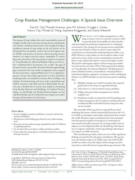 Agronomy Journal 2019 Clay Crop Residue Management Challenges A