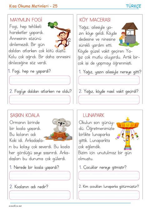 1 Sınıf Kısa Okuma Metinleri 25 Okuma Anlama Çalışmaları