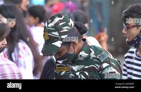 Static Shot Of A Woman In A Commando Uniform In Janpath At New Delhi