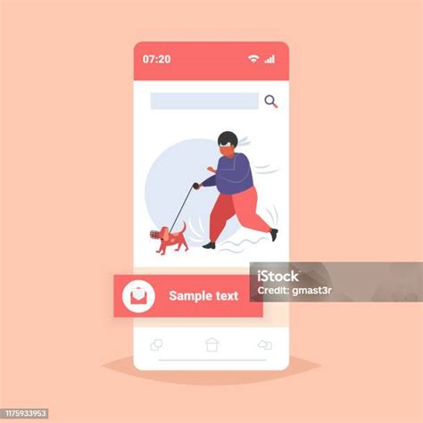 뚱뚱한 뚱뚱한 남자 조깅 와 개 대형 지방 아프리카 계 미국인 남자 실행 야외 체중 감량 개념 스마트폰 화면 온라인 모바일 응용 프로그램 전체 길이 평면 가공의 인물에 대한