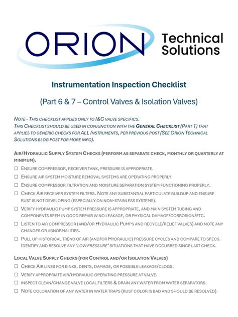 Instrumentation Inspection Checklist Part 6 And 7 Control And Isolation Valves Pdf Valve