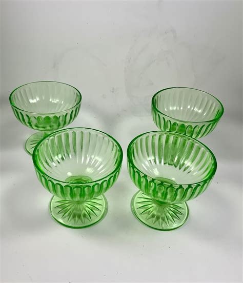 Vintage Hazel Atlas Uranium Sherbert Glasses Ribbon Green Depression