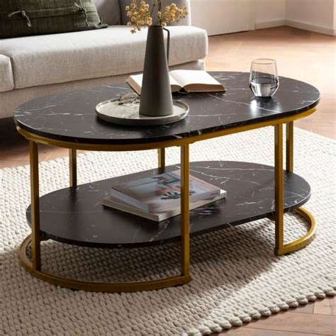 Table Basse WOHNLING Rectangulaire Cm Noir Mat Aspect Marbre Design Moderne