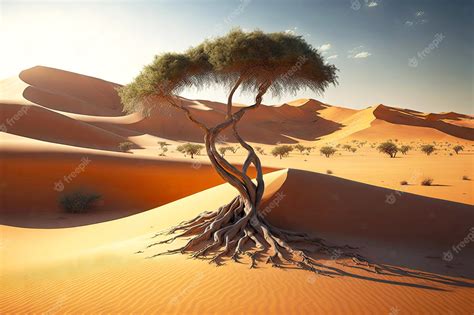 Premium Photo Lonely Sprawling Tree In Middle Of Sand And Shady Camel
