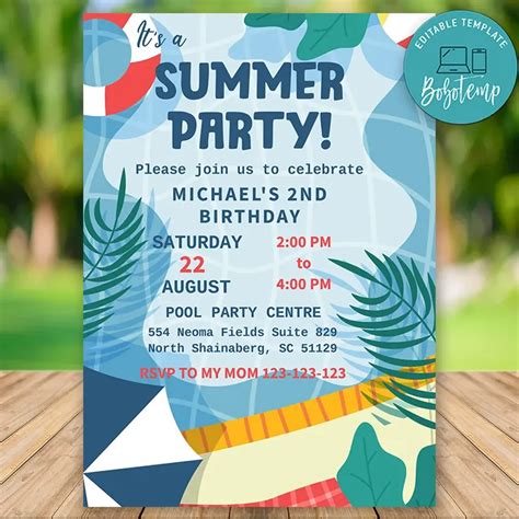 Editable Summer Party Birthday Invitations Instant Download Bobotemp
