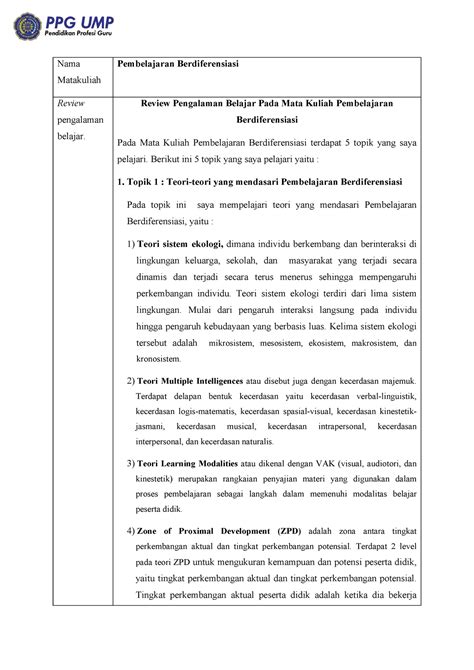 Jurnal Refleksi Pembelajaran Berdiferensiasi Nama Matakuliah Free
