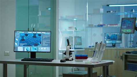 Modern Empty Biological Applied Science Laboratory With Technological Microscopes Glass Test
