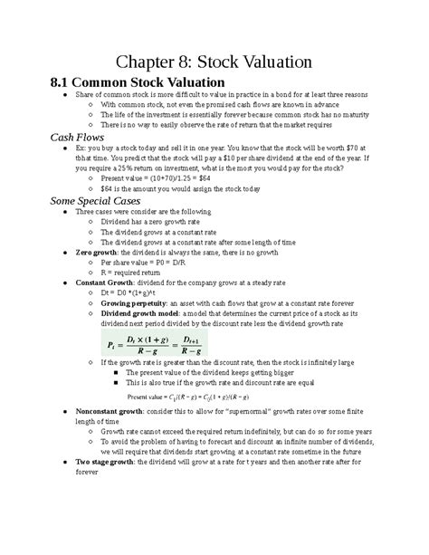 Chapter 8 Stock Valuation Chapter 8 Stock Valuation 8 Common Stock