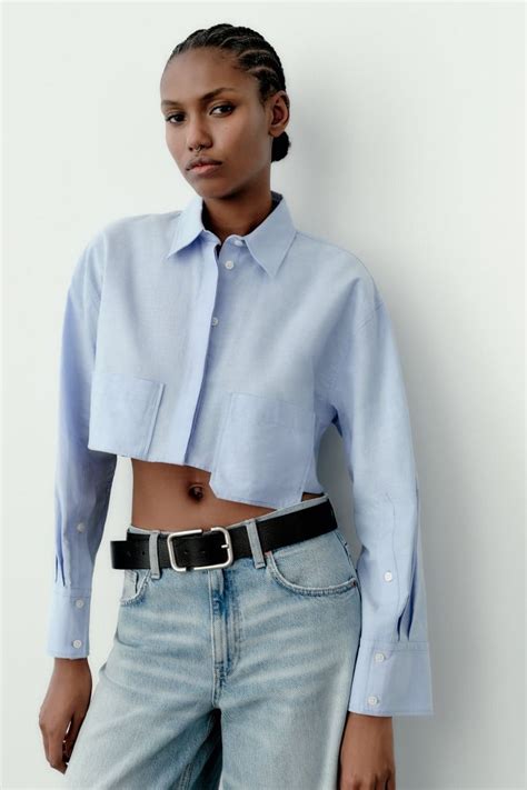 Zara Cropped Poplin Shirt Sky Blue And White Womens Fashion Tops