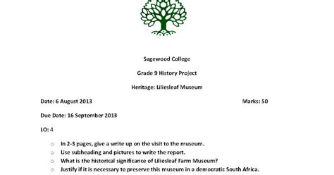 Sagewood Academic Corner Grade 9 History Project Due 16th September 2013