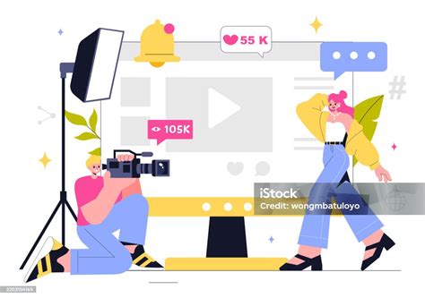 콘텐츠 제작 벡터 일러스트레이션은 디지털 마케팅 카피라이팅 소셜 미디어 참여 콘텐츠 사용자 정의 및 커뮤니티 상호 작용을 특징으로 합니다 가정용 캠코더에 대한 스톡 벡터