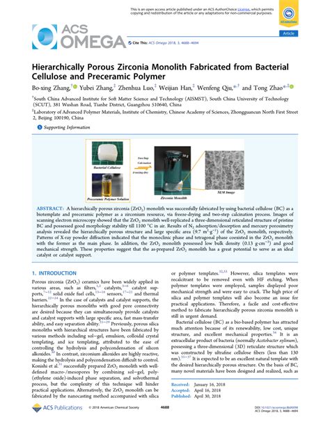 Pdf Hierarchically Porous Zirconia Monolith Fabricated From Bacterial