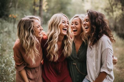 A Group Of Women Standing Next To Each Other In A Forest Premium AI Generated Image