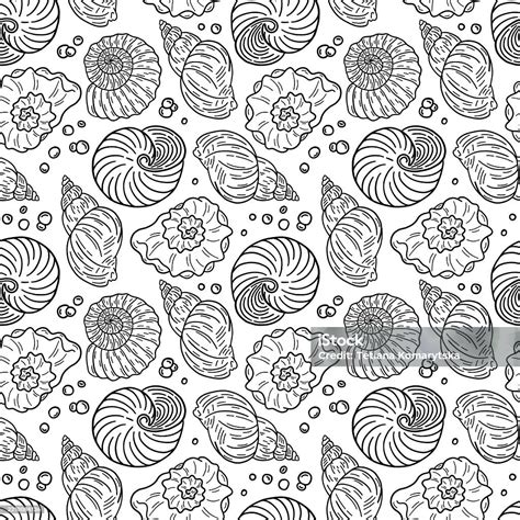 흰색 배경에 손으로 그린 조개껍질의 완벽 한 패턴입니다 마린 스타일 디자인 벡터 일러스트 레이 션 섬유 벽지 및 인테리어 디자인에 대한 해안 및 해변 테마 개념 0명에 대한