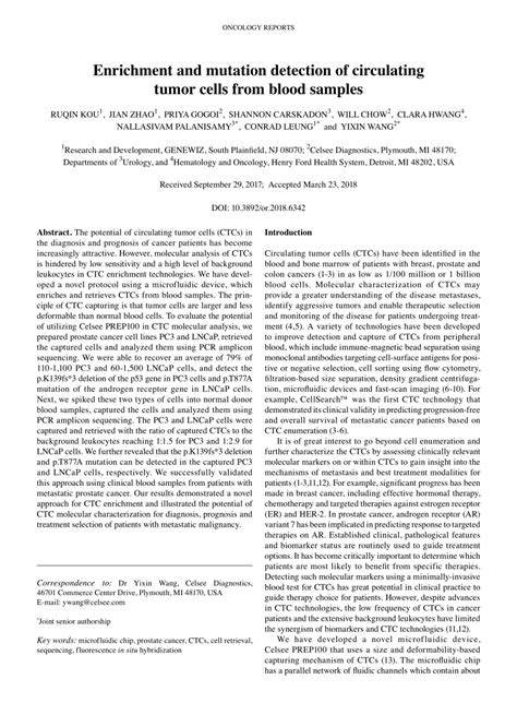 Pdf Enrichment And Mutation Detection Of Circulating Tumor Cells From