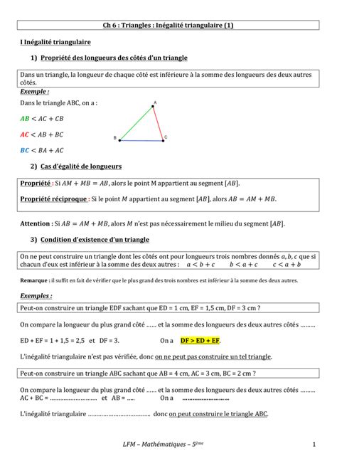 LFM Mathématiques 5ème 1 Ch 6 Triangles Inégalité