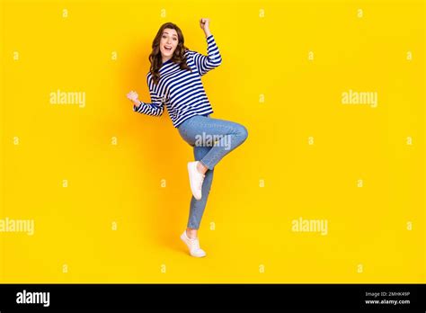 Full Length Portrait Of Satisfied Delighted Person Raise Fists Shout Yes Hooray Isolated On