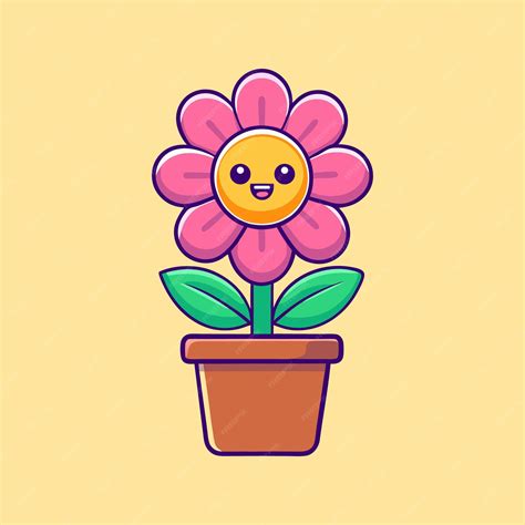 Cute Pink Flower Potted Plant Cartoon Vector Icon Illustration
