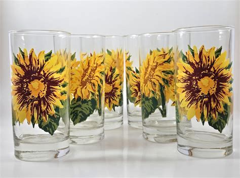 Vintage Never Used With Tags Set 6 Crisa Libbey Tall Retro Sunflower
