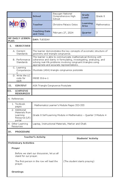Lp 8 Asa Triangle Congruence Postulate School Bayugan National Comprehensive High School Grade