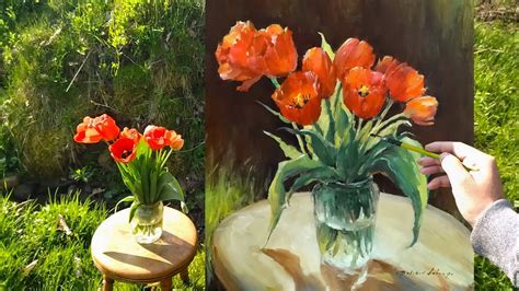 Как нарисовать КРАСНЫЕ ТЮЛЬПАНЫ маслом Идея для цветочного натюрморта на холсте Youtube