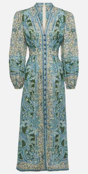Zimmermann Ottie Plunge Paisley Linen Midi Dress
