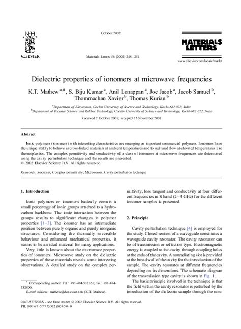 Pdf Dielectric Properties Of Ionomers At Microwave Frequencies