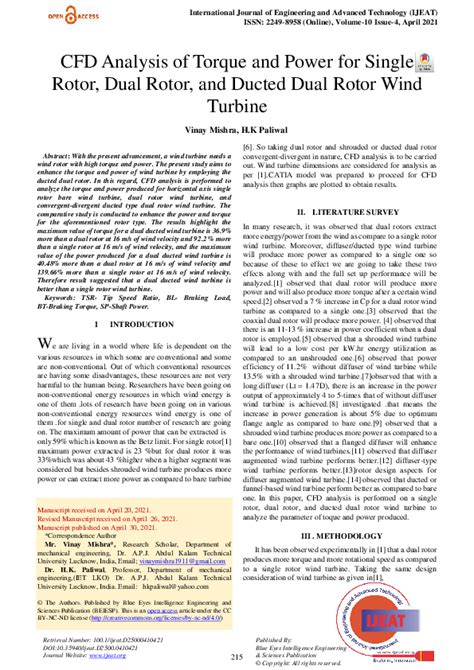 Pdf Cfd Analysis Of Torque And Power For Single Rotor Dual Rotor And Ducted Dual Rotor Wind