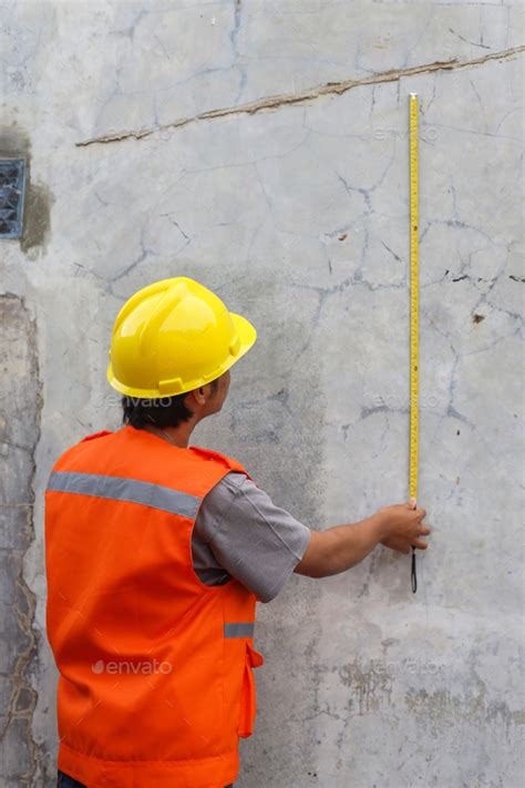 Construction Worker Measure And Calculate Construction Site Stock