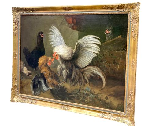 Huge 18th Century Italian Old Master Painting Roosters Fighting