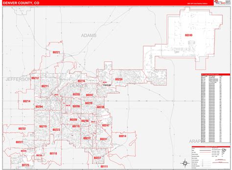 Denver County Co Zip Code Wall Map Red Line Style By Marketmaps Mapsales