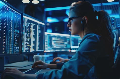 Premium Photo Female It Programmer Working In Data Center With Young Team