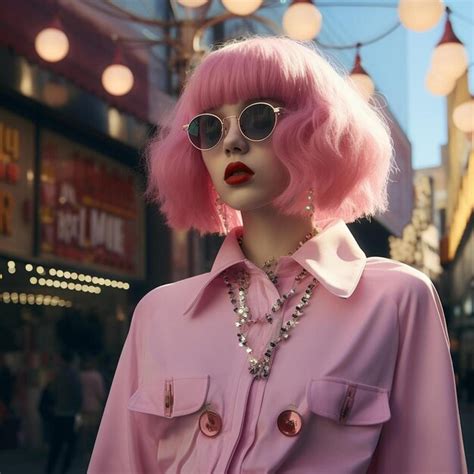 Premium Ai Image A Woman Wearing A Pink Wig And Sunglasses Stands In