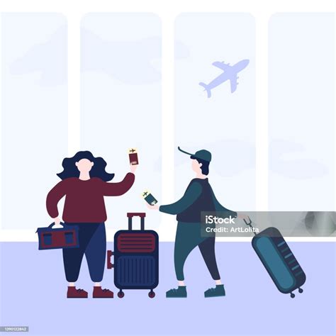 Wisatawan Dengan Koper Di Bandara Saling Menunjukkan Tiket Pesawat