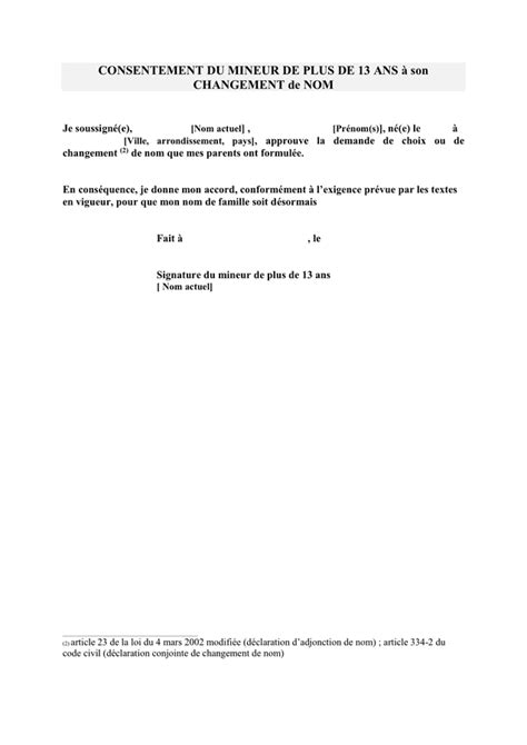 Modelé de consentement du mineur de plus de 13 ans à son changement de