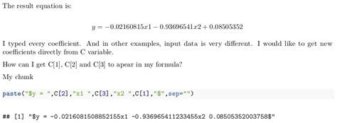 pdf r markdown present equation coefficient result outside of chunks