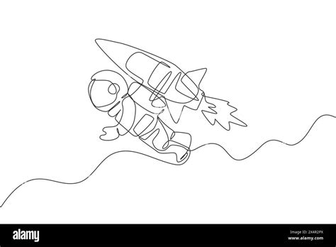 Single Continuous Line Drawing Astronaut In Spacesuit Flying At Outer Space With Jetpack Rocket