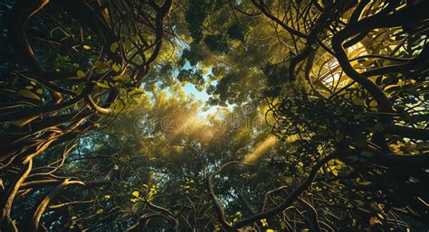 A View Looking Up Through Dense Tree Canopy With Sunlight Breaking