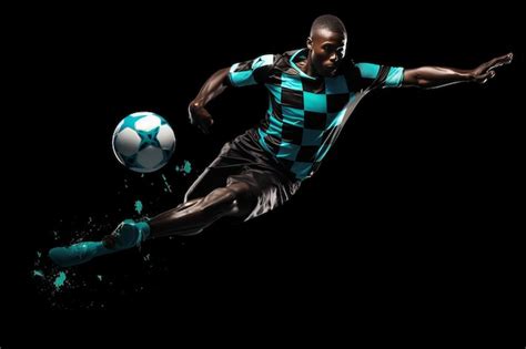 Soccer Player In Mid Air Kicking Ball On A Black Background Ai