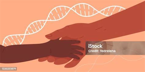 두 손이 함께 아이와 아버지 또는 어머니 유전학 Dna 검사 친자 확인 또는 출산 검사 유전 질환 생물학에 대한 개념 벡터 일러스트레이션 Dna 사슬을 가진 배경 Dna에