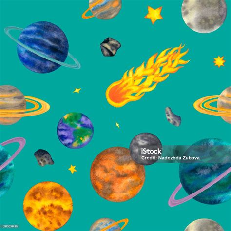 태양계 수성 금성 지구 화성 목성 토성 천왕성 해왕성 루나 혜성 소행성 별의 행성과 수채화 완벽 한 패턴 만화 행성과 태양을 가진 배경 코스모스 천문학 그림입니다 손으로